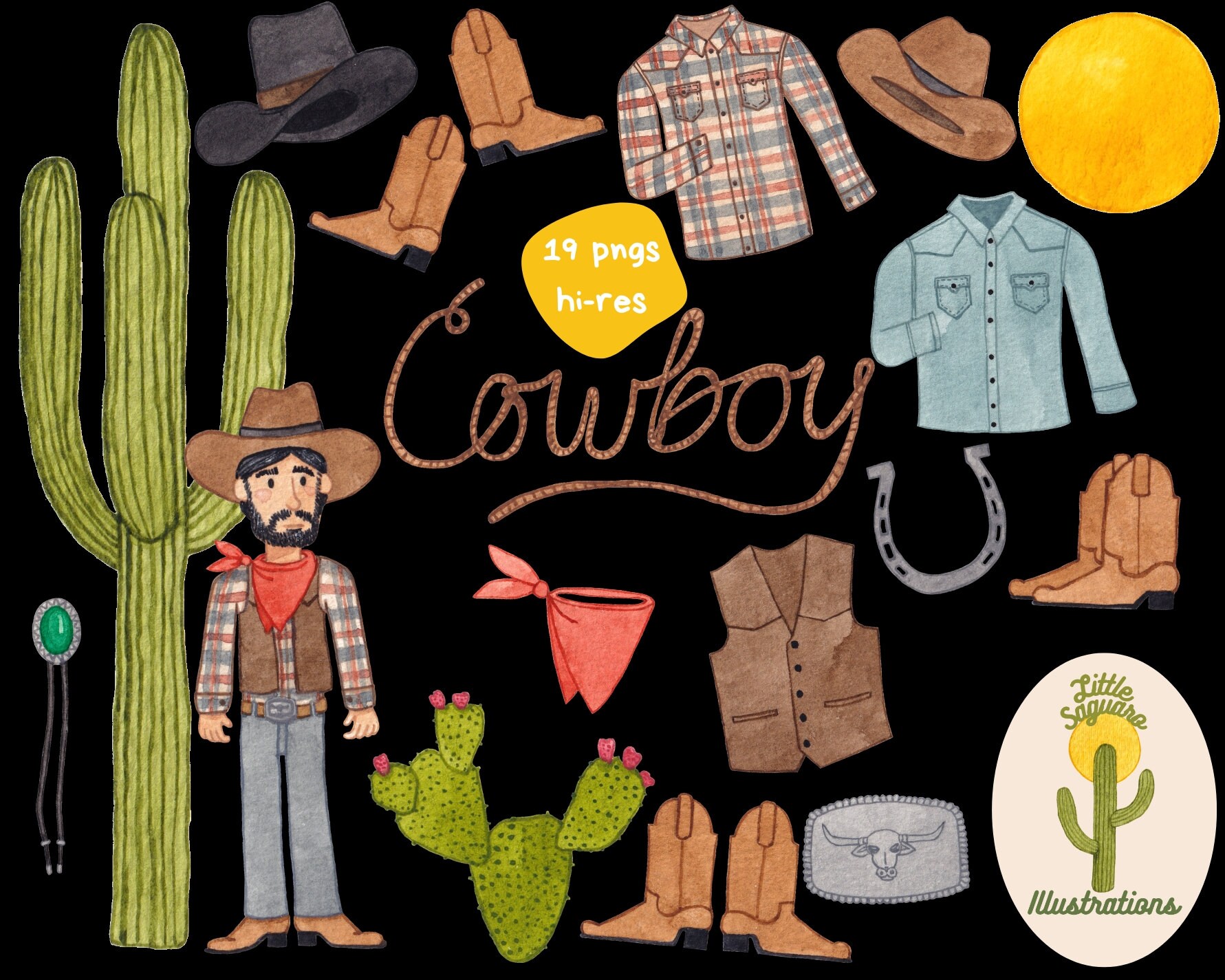 Watercolor Cowboy Clipart, Western PNG, Children's Illustration Art ...