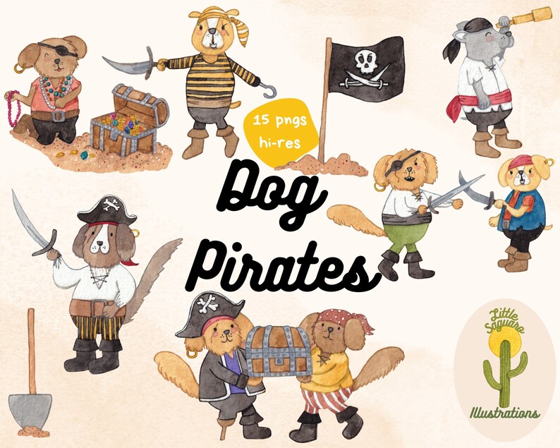 Watercolor Dog Pirate Clipart, Commercial Use PNG, Dog Art Digital ...