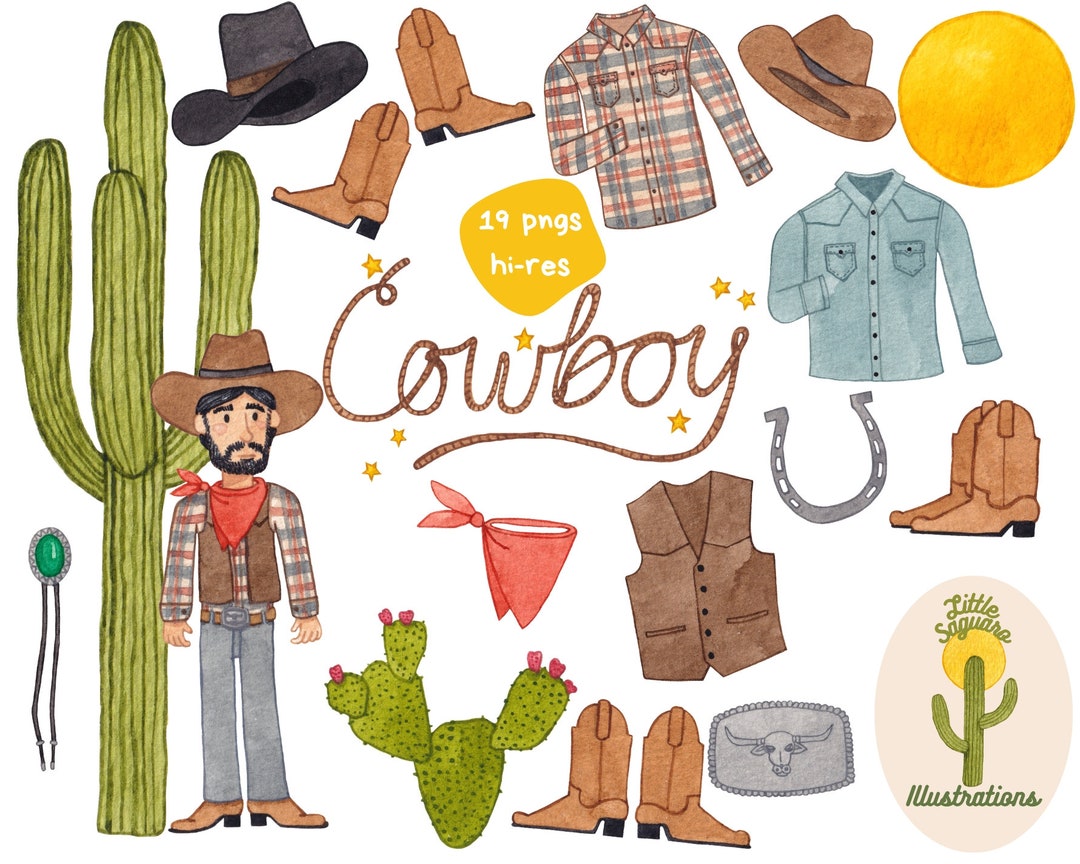 Watercolor Cowboy Clipart, Western PNG, Children's Illustration Art ...