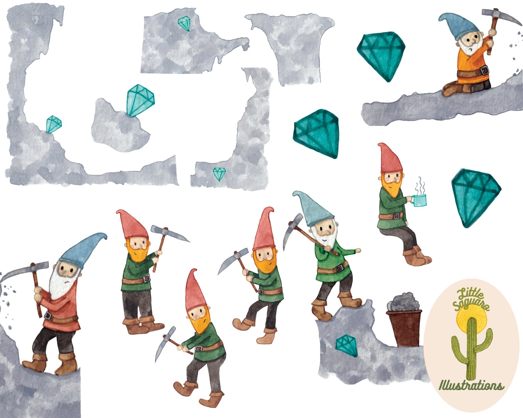 Watercolor Gnomes Clipart, Mining Gnomes PNG, Diamonds and Cave Art ...