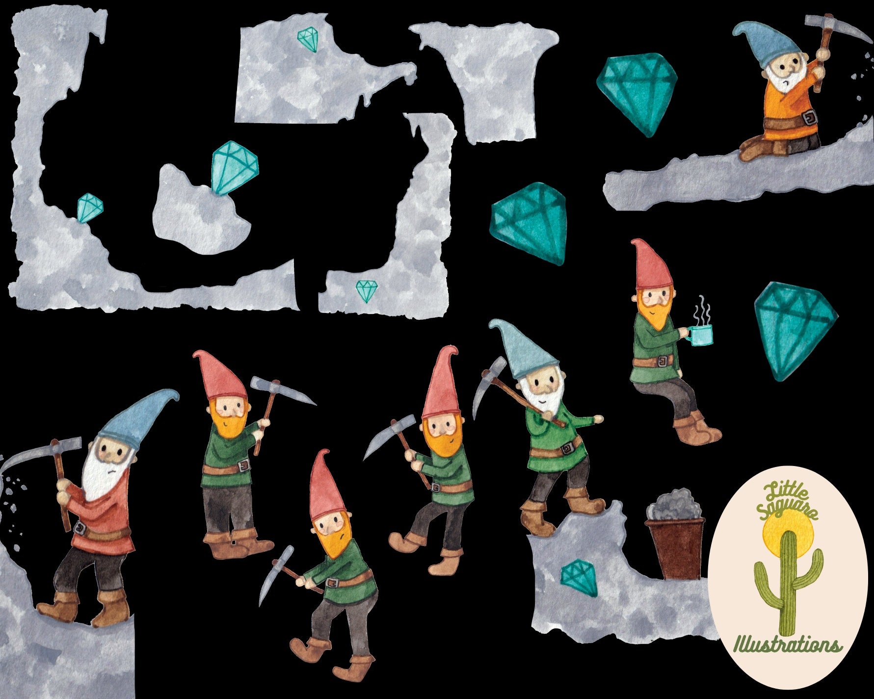Watercolor Gnomes Clipart, Mining Gnomes PNG, Diamonds and Cave Art ...