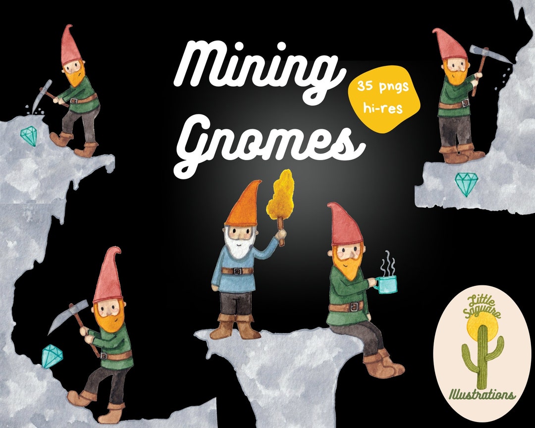 Watercolor Gnomes Clipart, Mining Gnomes PNG, Diamonds and Cave Art, Fantasy Art, Digital ...
