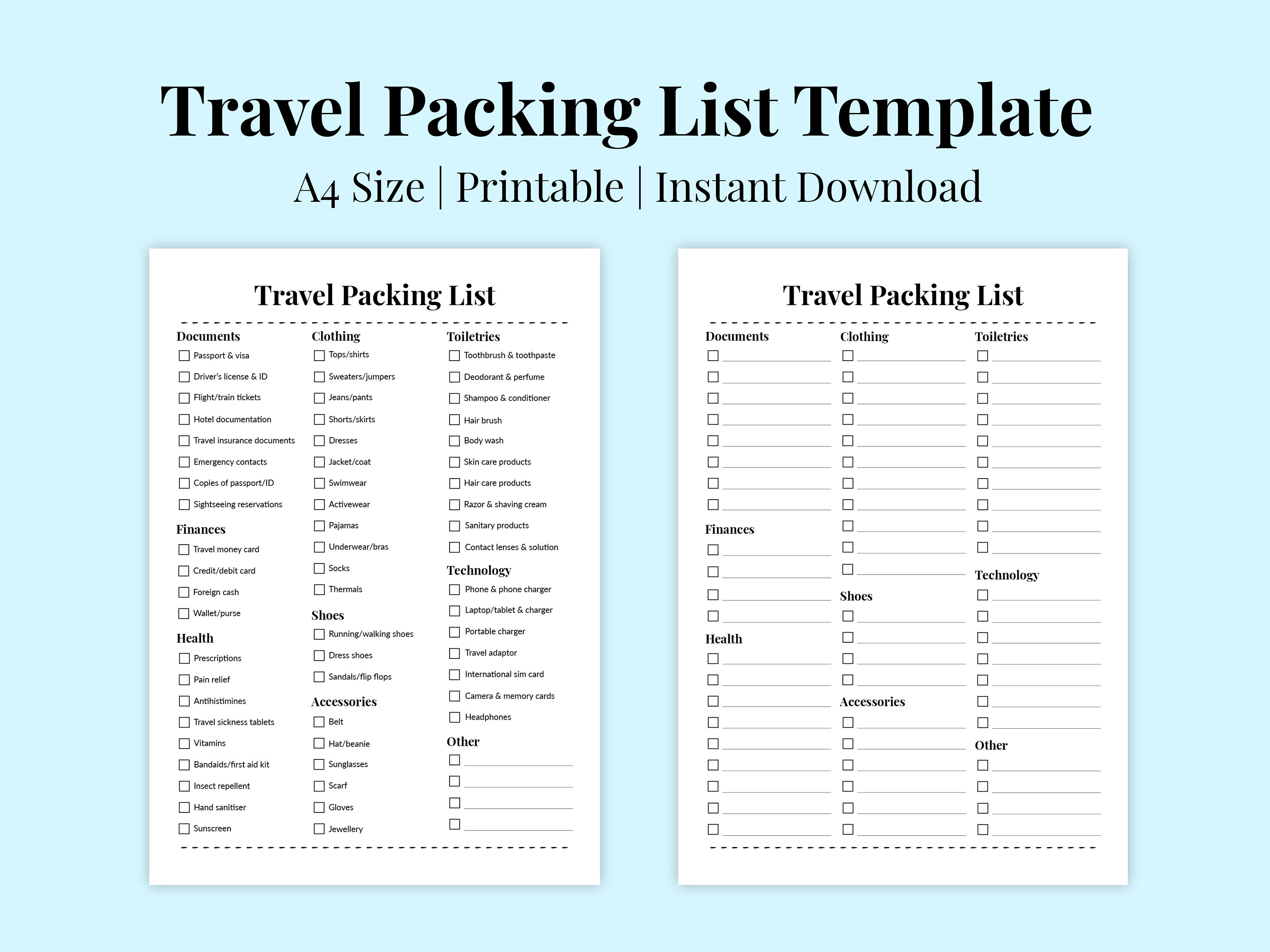 Printable Travel Packing List Template (instant Download) - Etsy