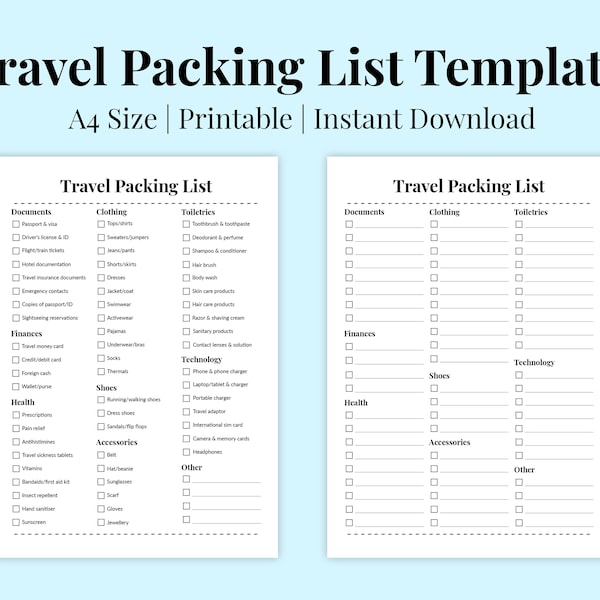 Printable Travel Packing List | Packing List | Editable Packing - Etsy