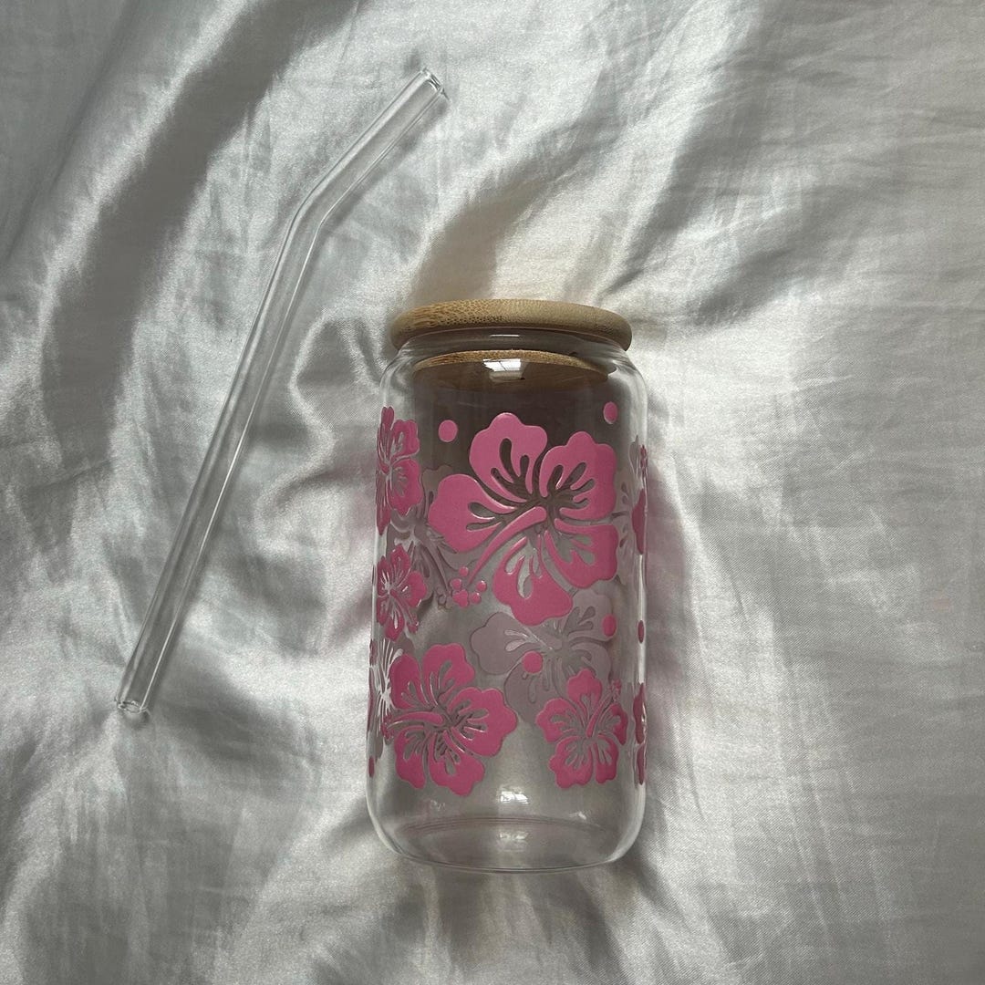 Pink Hibiscus Flower 16 Oz Glass Cup, Flower Lover, Pink, Clear Glass ...