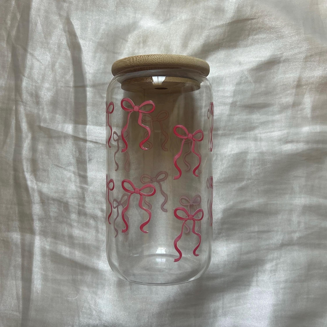Pink Coquette Grandma Core Bow 16 Oz Glass Cup, Pink, Clear Glass With ...