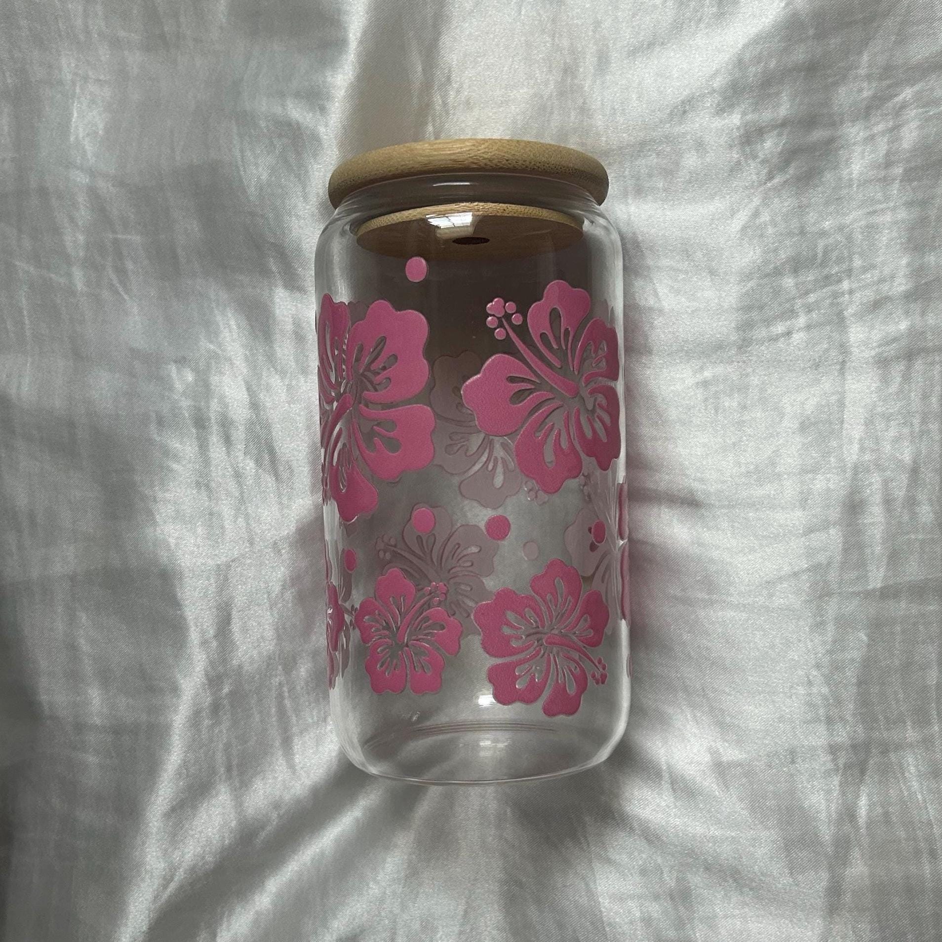 Pink Hibiscus Flower 16 Oz Glass Cup, Flower Lover, Pink, Clear Glass ...