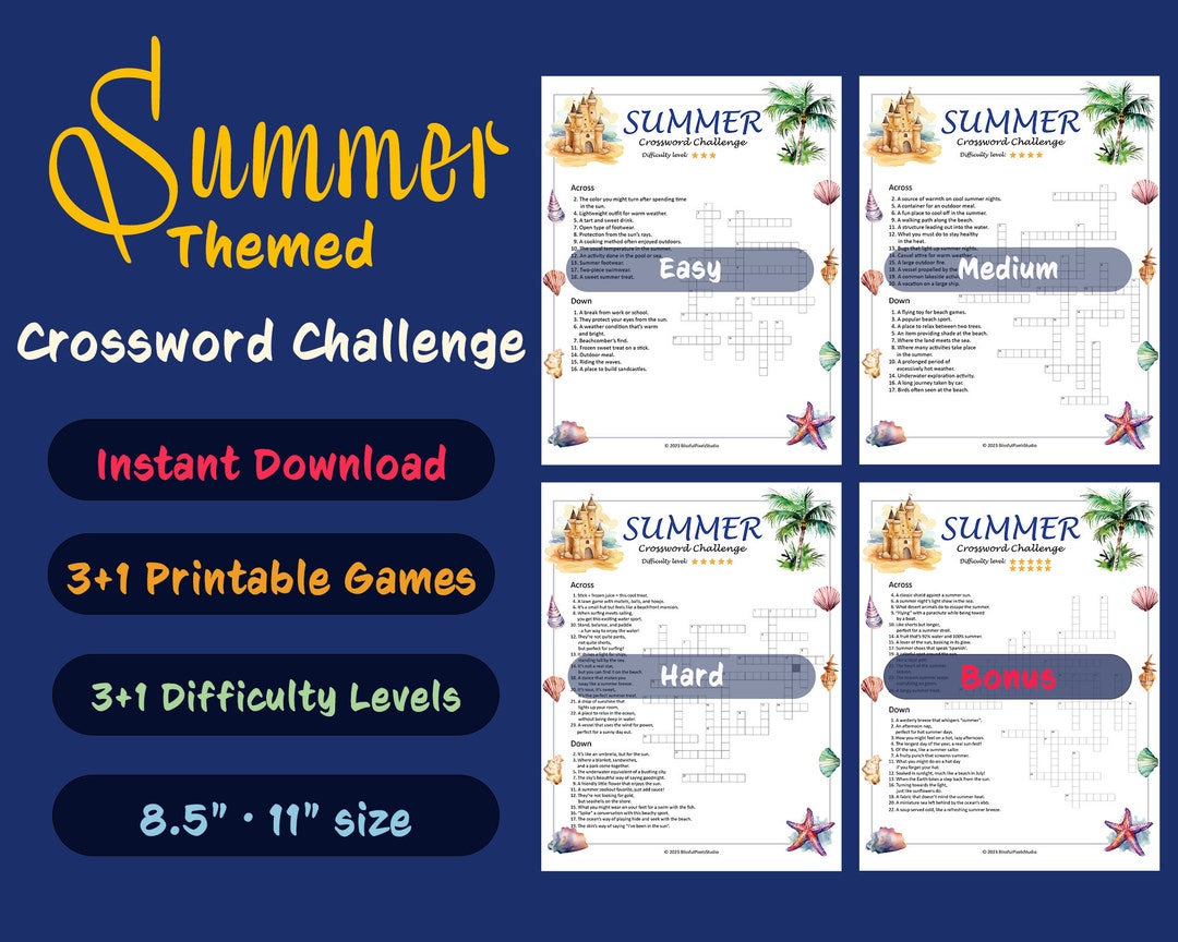Summer Crossword Puzzle Pack: 4 Printable Games - Easy, Medium, Hard ...