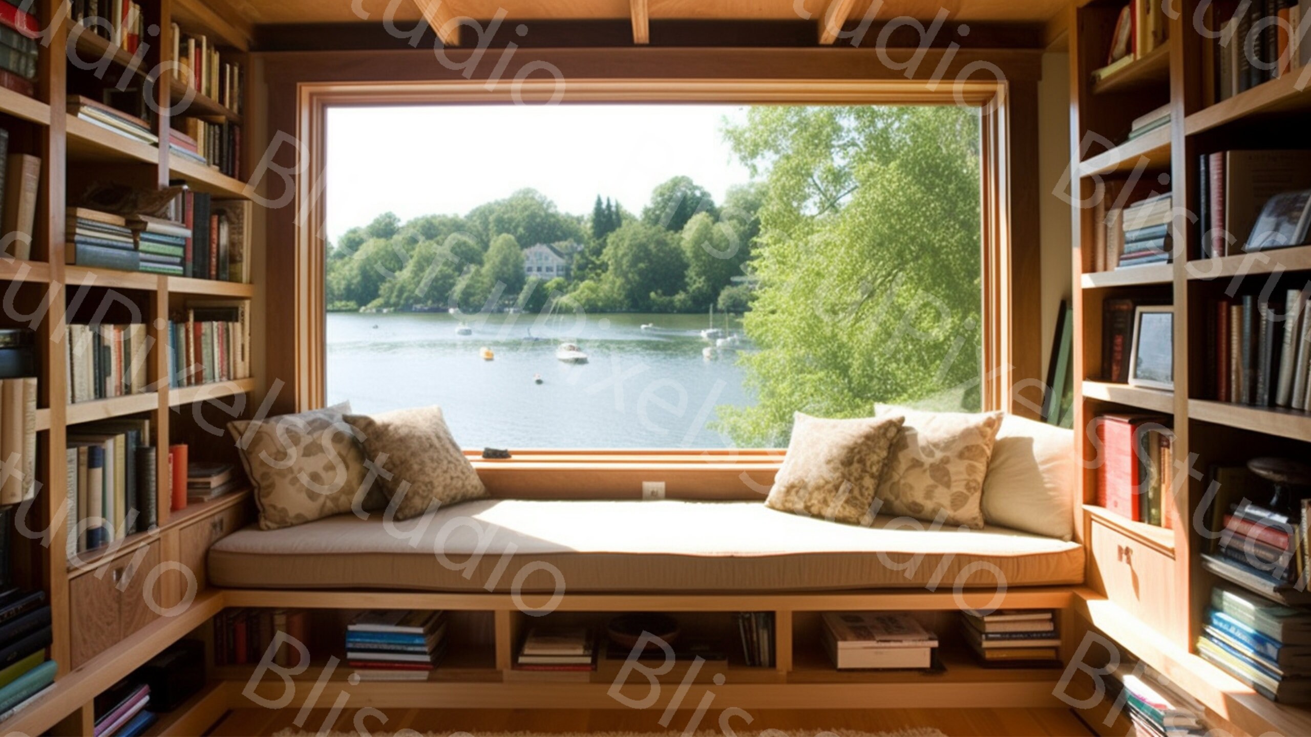 Reading Nook Virtual Background - Lake View, Bookshelf, Window, Trees ...