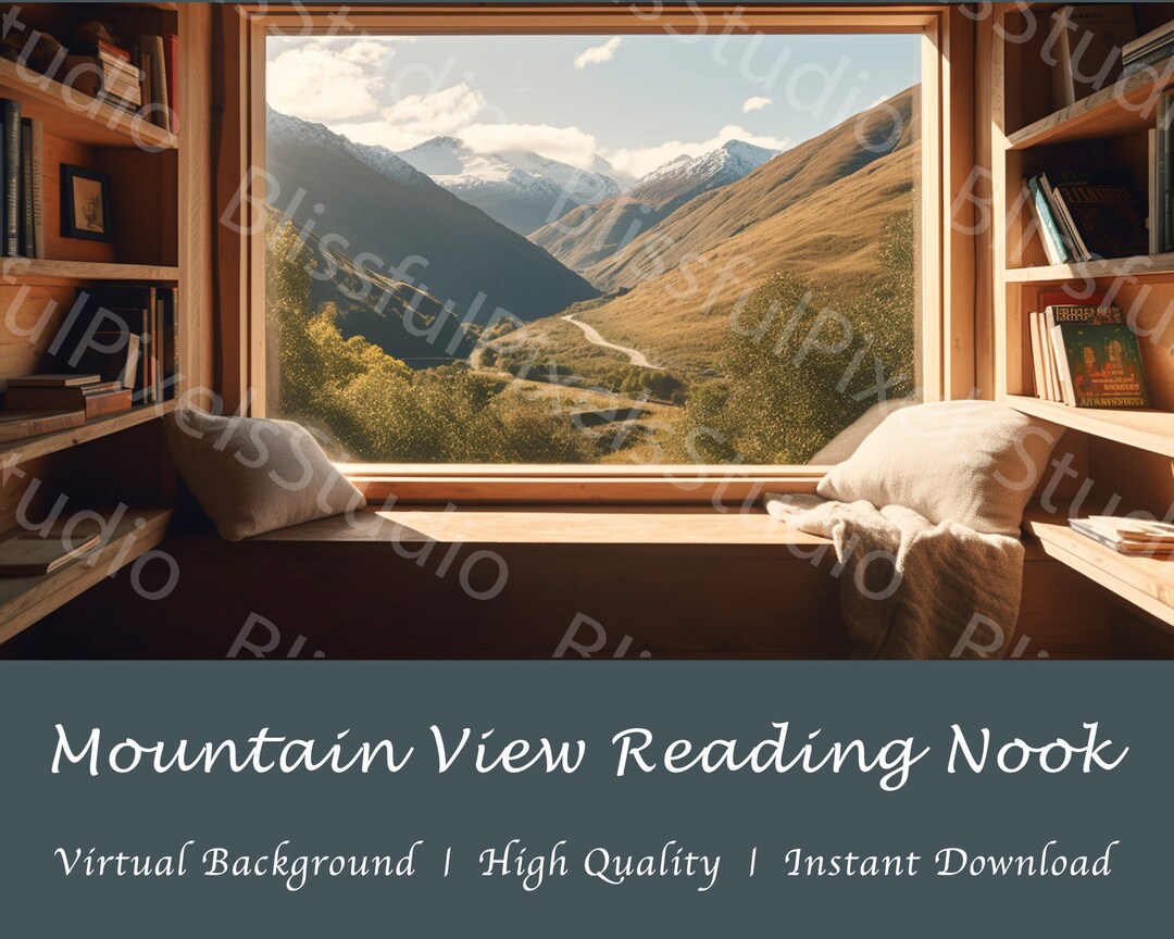 Reading Nook Virtual Background - Mountain View, River, Bookshelf ...