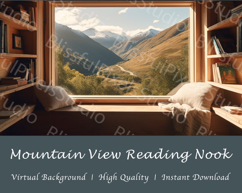 Reading Nook Virtual Background - Mountain View, River, Bookshelf ...