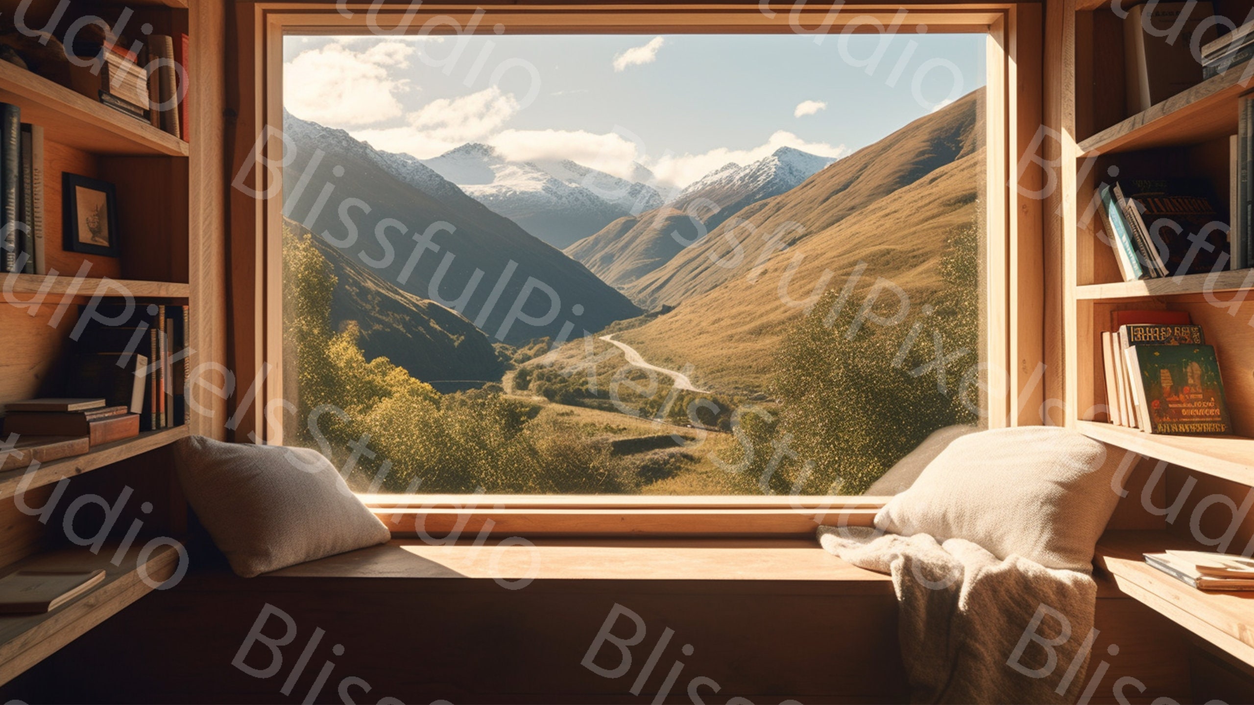Reading Nook Virtual Background - Mountain View, River, Bookshelf ...