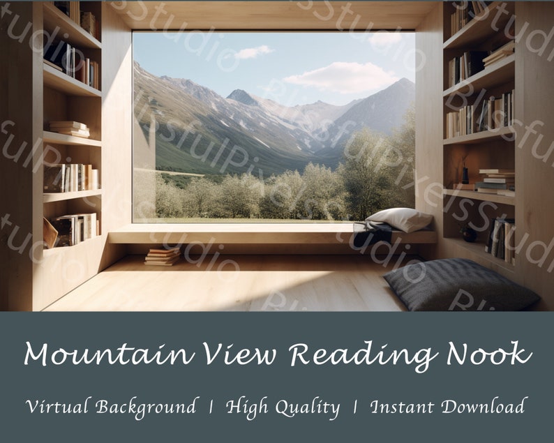 Reading Nook Virtual Background - Mountain View, Bookshelf, Window - Etsy