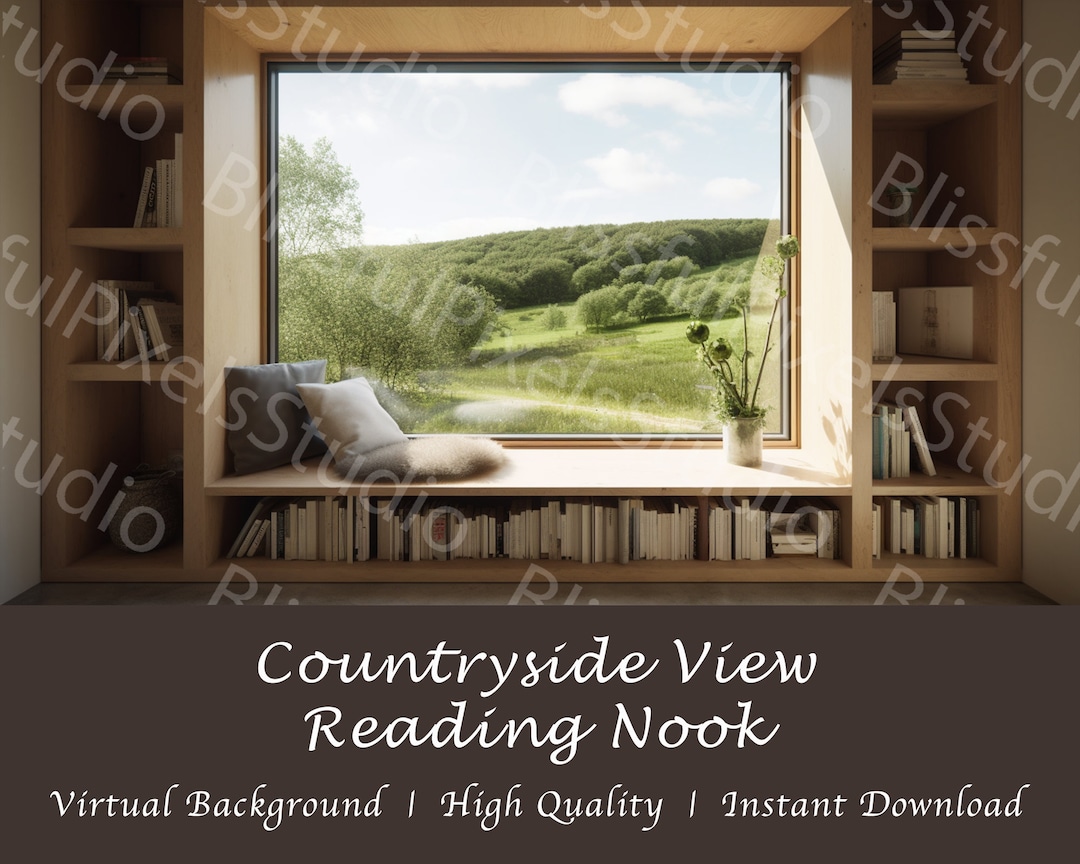 Reading Nook Virtual Background - Countryside View, River, Bookshelf ...