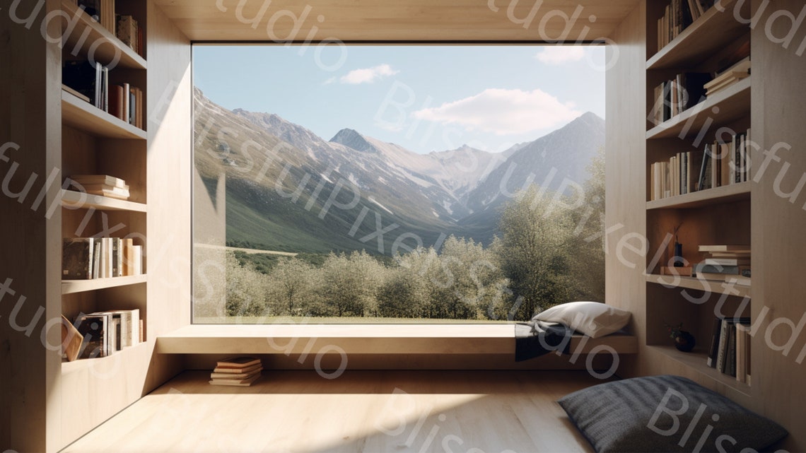 Reading Nook Virtual Background - Mountain View, Bookshelf, Window - Etsy