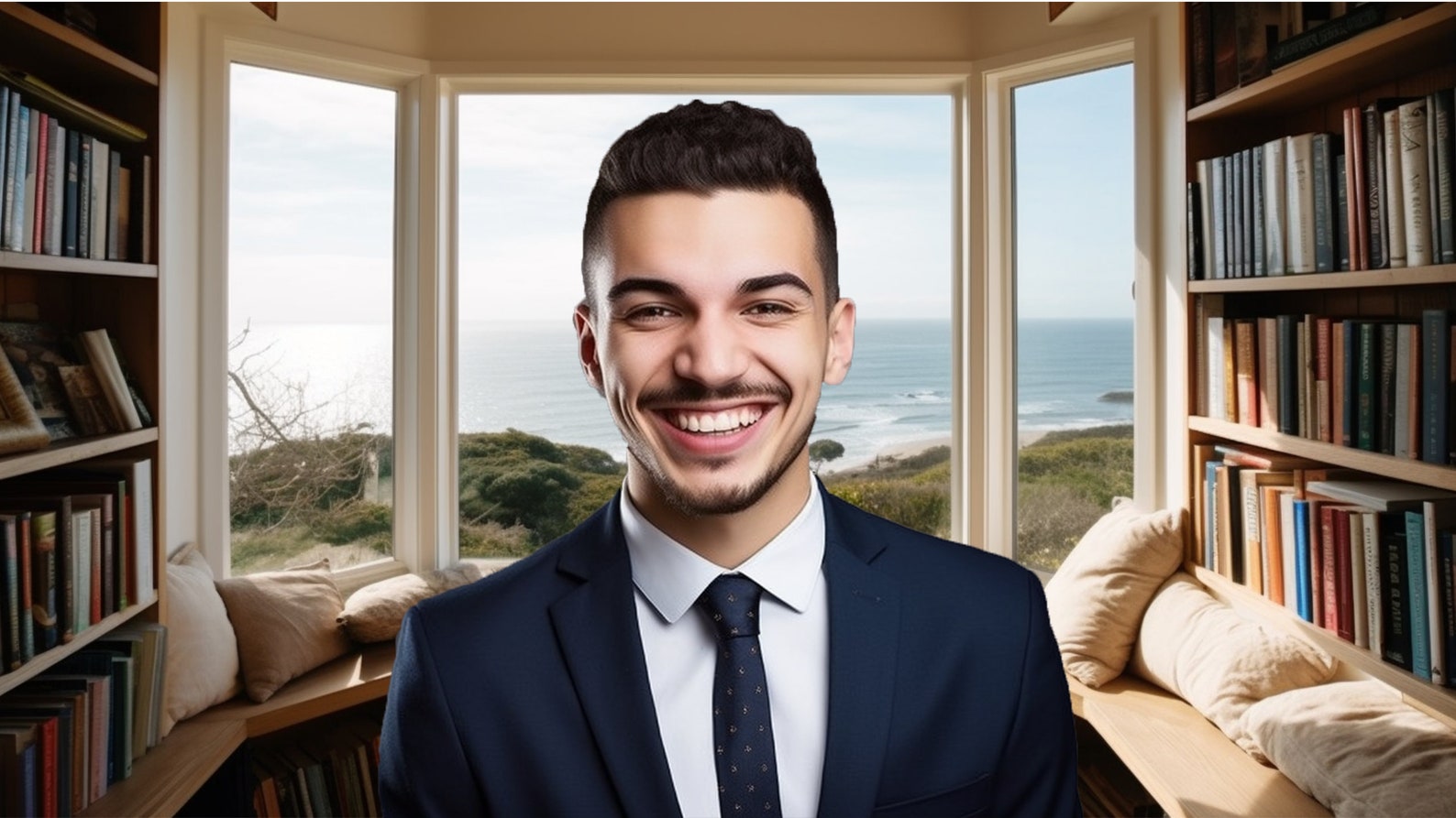 Reading Nook Virtual Background - Ocean View, Beach, Bookshelf, Bay ...