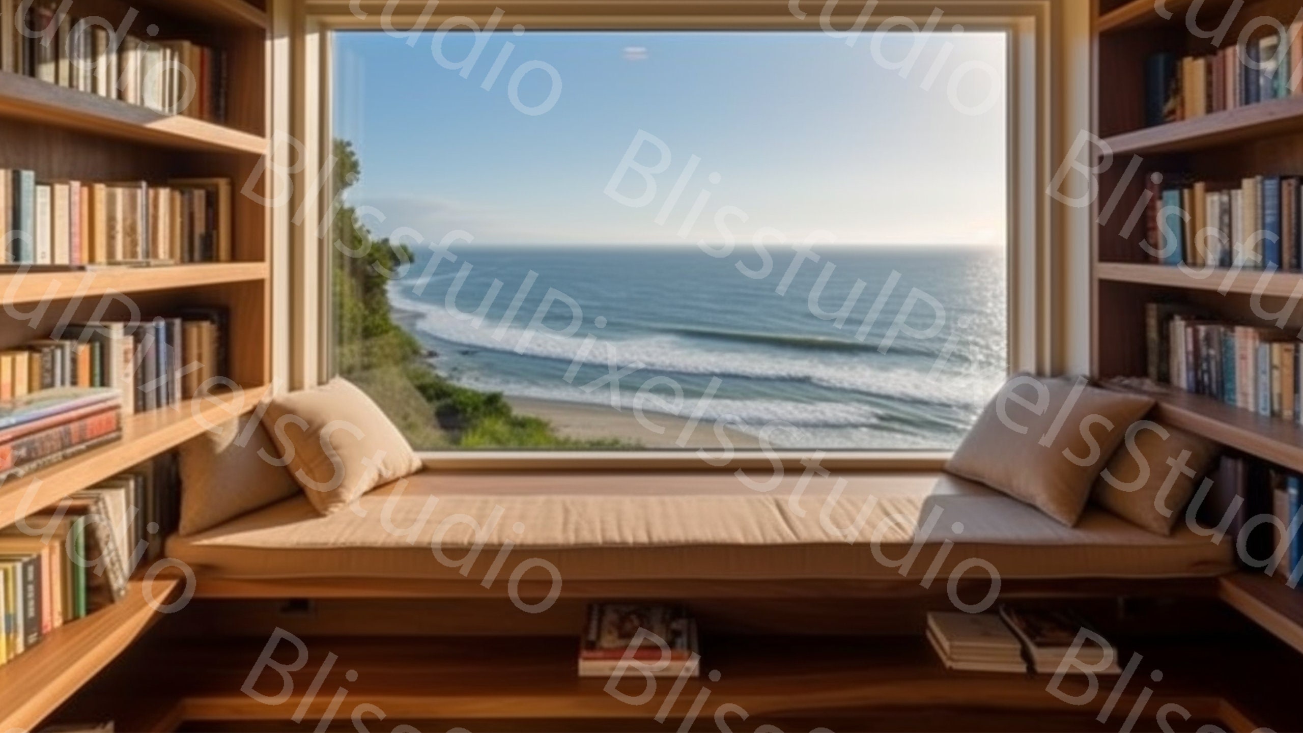 Reading Nook Virtual Background - Ocean View, Bookshelf, Window - Etsy