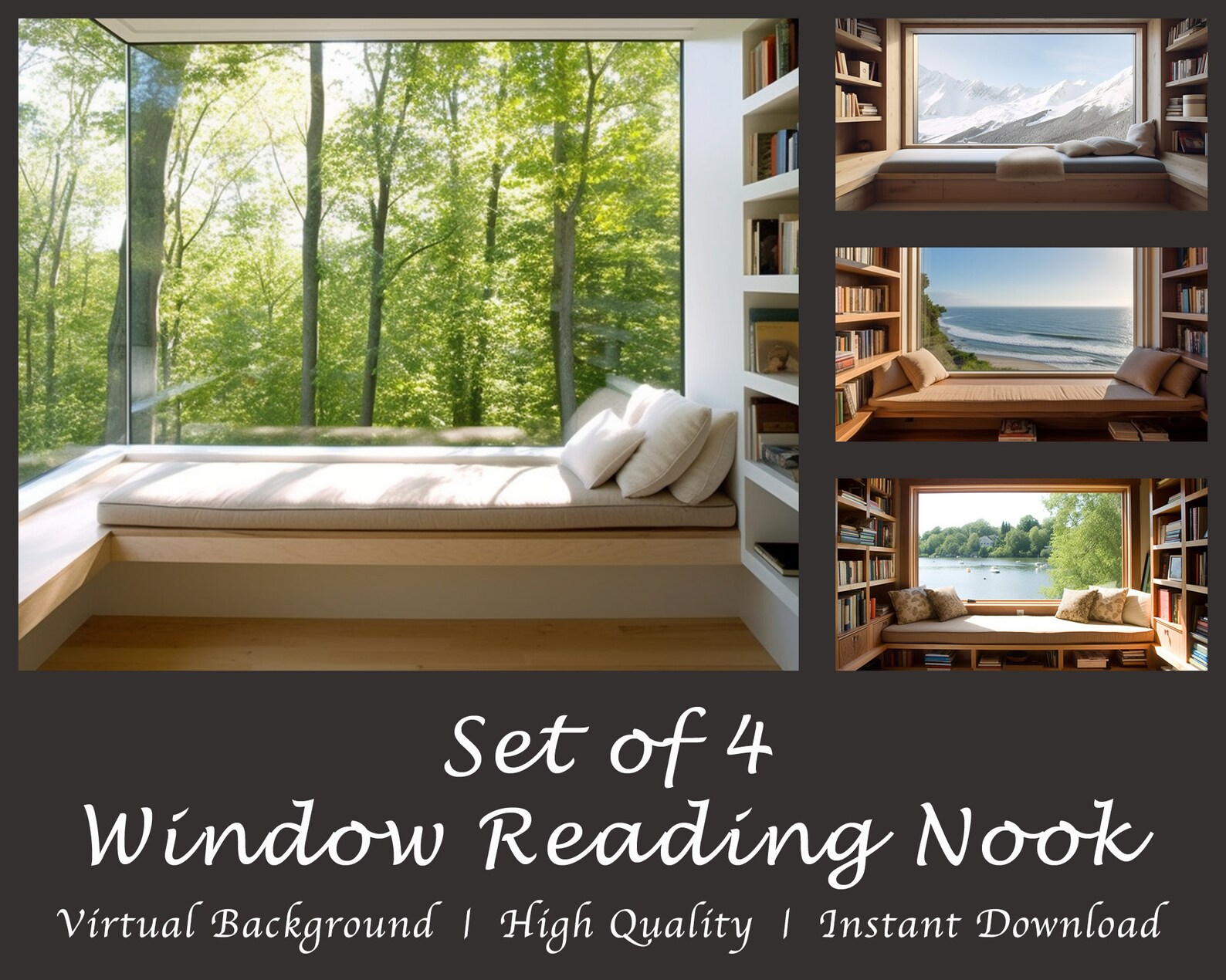 Reading Nook Virtual Background Bundle Set of 4 Bookshelf, Window, View ...