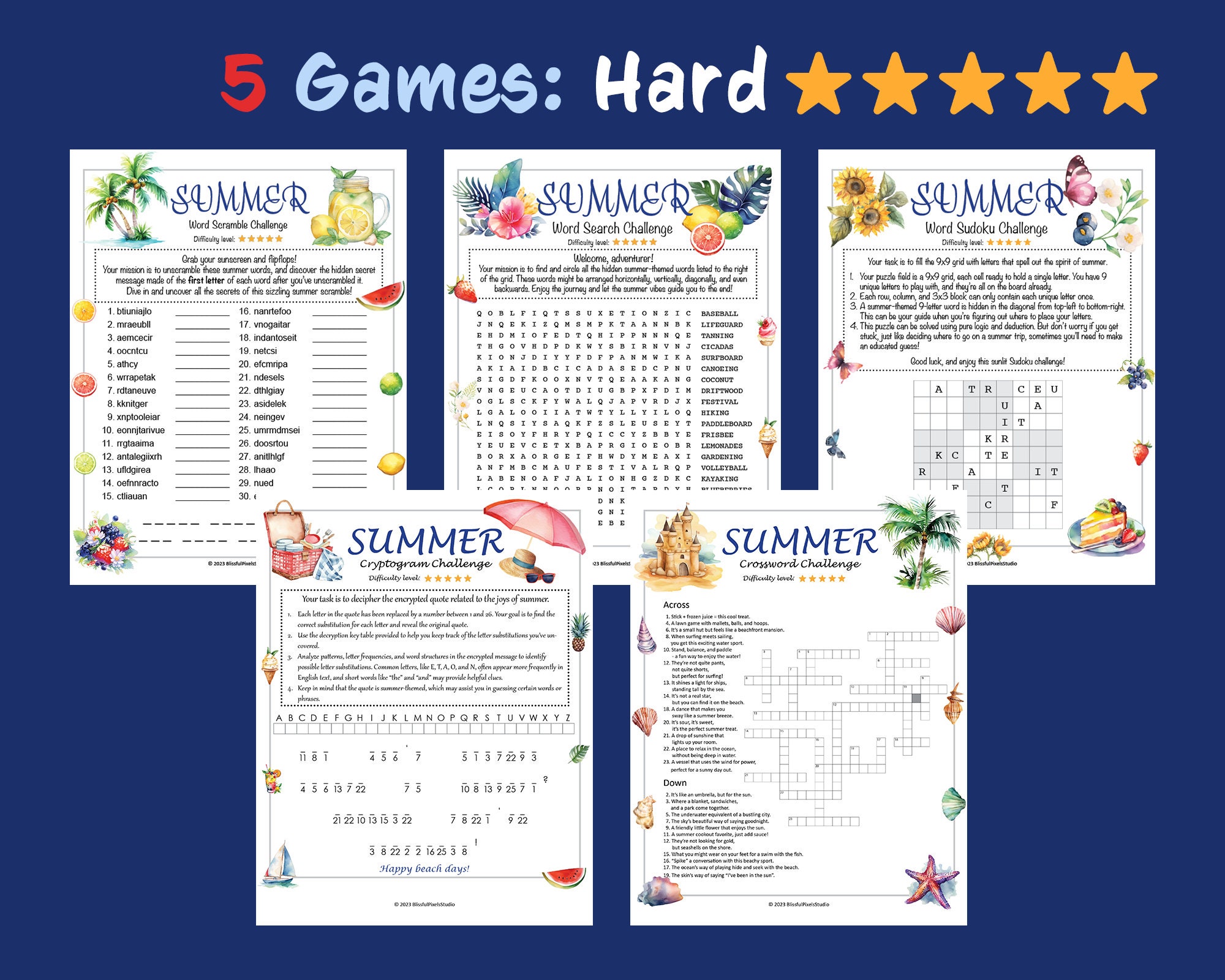 Summer Word Games Bundle - 15 Printable Games: Cryptogram, Crossword ...