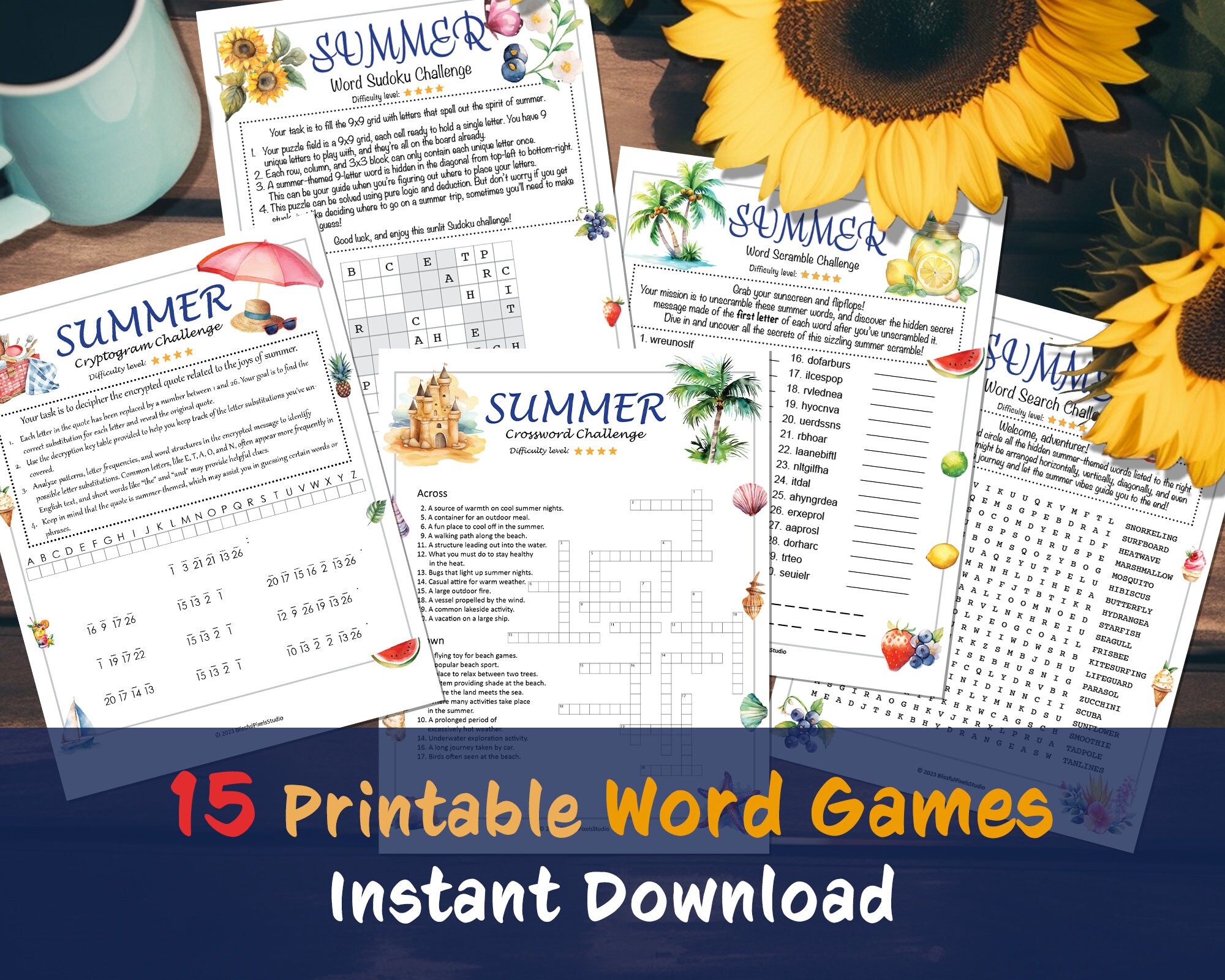 Summer Word Games Bundle - 15 Printable Games: Cryptogram, Crossword ...