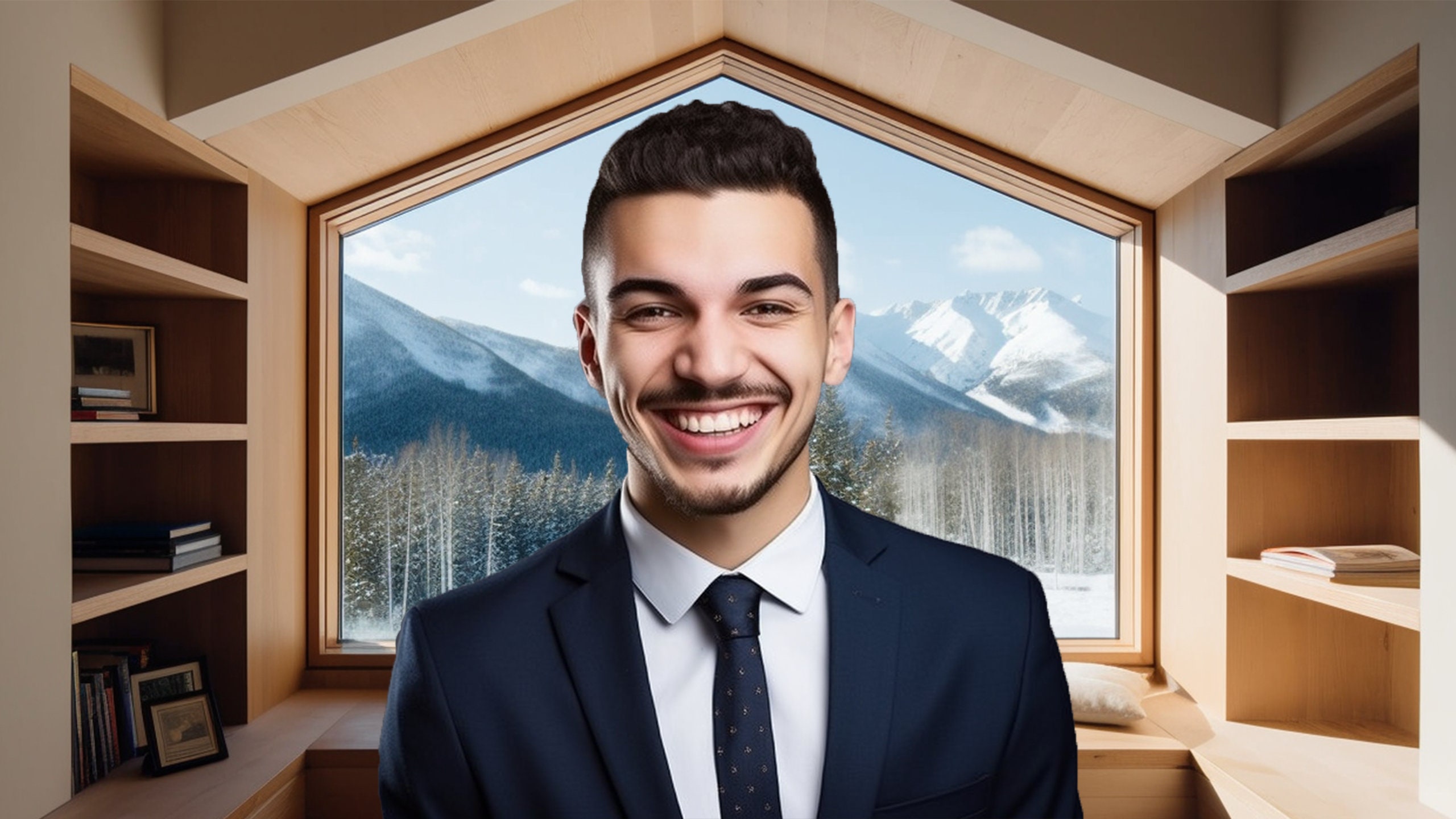 Reading Nook Virtual Background - Snowy Mountains, Bookshelf, Window - Etsy