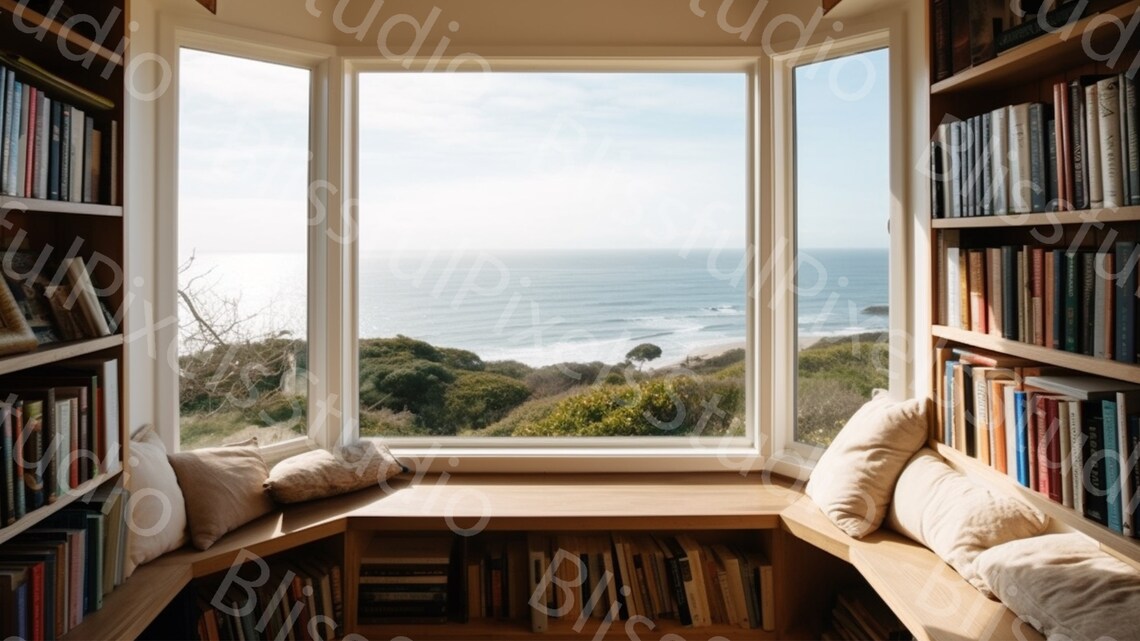 Reading Nook Virtual Background - Ocean View, Beach, Bookshelf, Bay ...