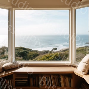 Reading Nook Virtual Background - Ocean View, Beach, Bookshelf, Bay ...