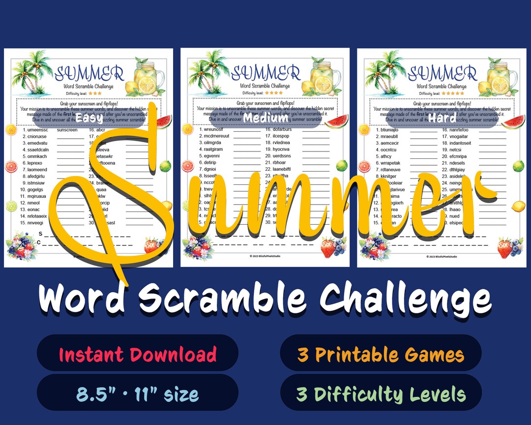 Summer Word Scramble Puzzle Pack - 3 Printable Games: Easy, Medium ...