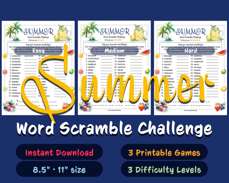Summer Word Scramble Puzzle Pack - 3 Printable Games: Easy, Medium ...