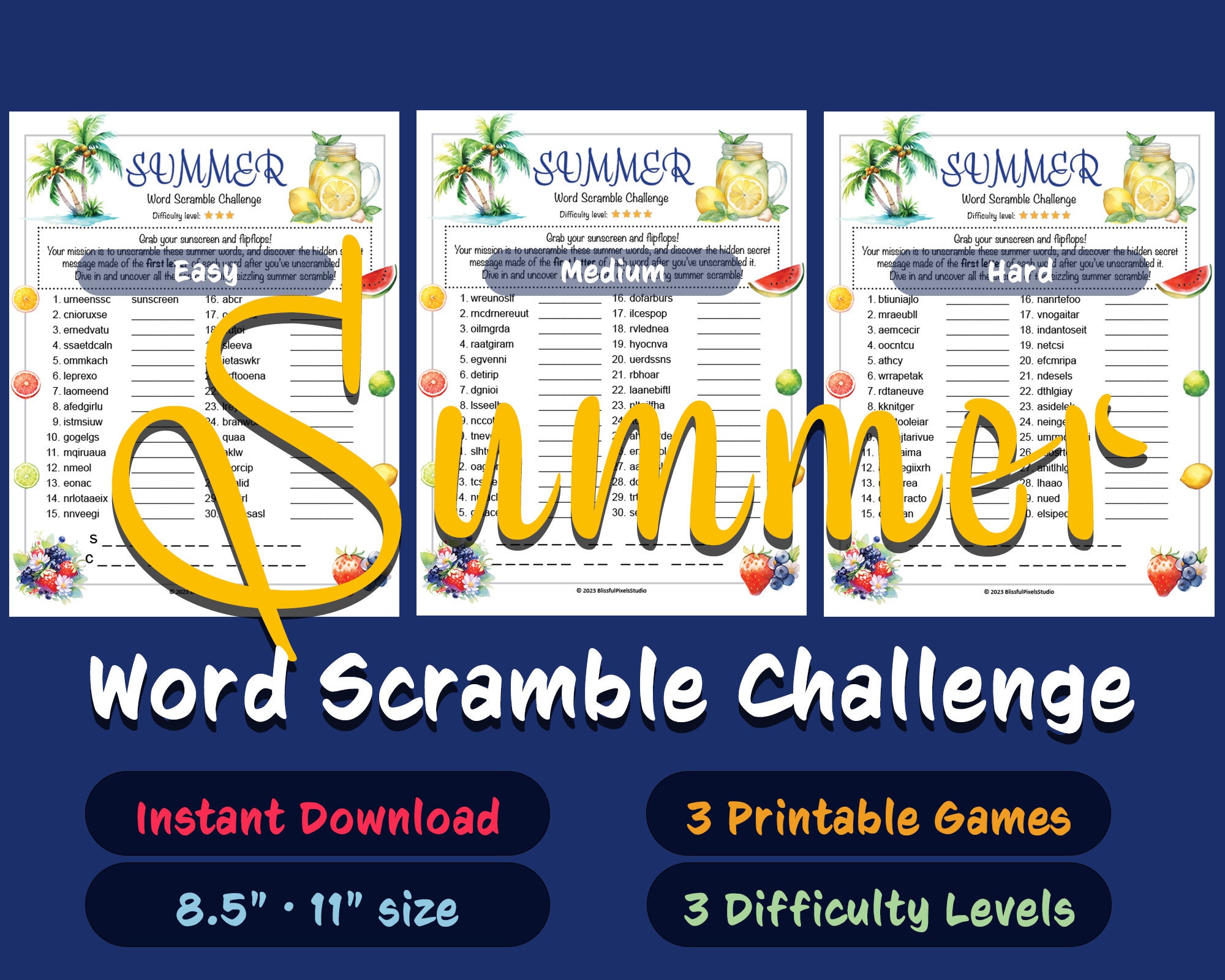 Summer Word Scramble Puzzle Pack - 3 Printable Games: Easy, Medium ...