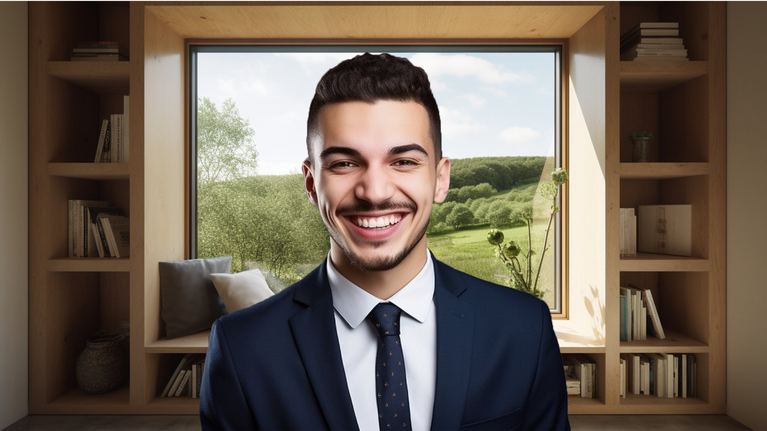 Reading Nook Virtual Background - Countryside View, River, Bookshelf ...