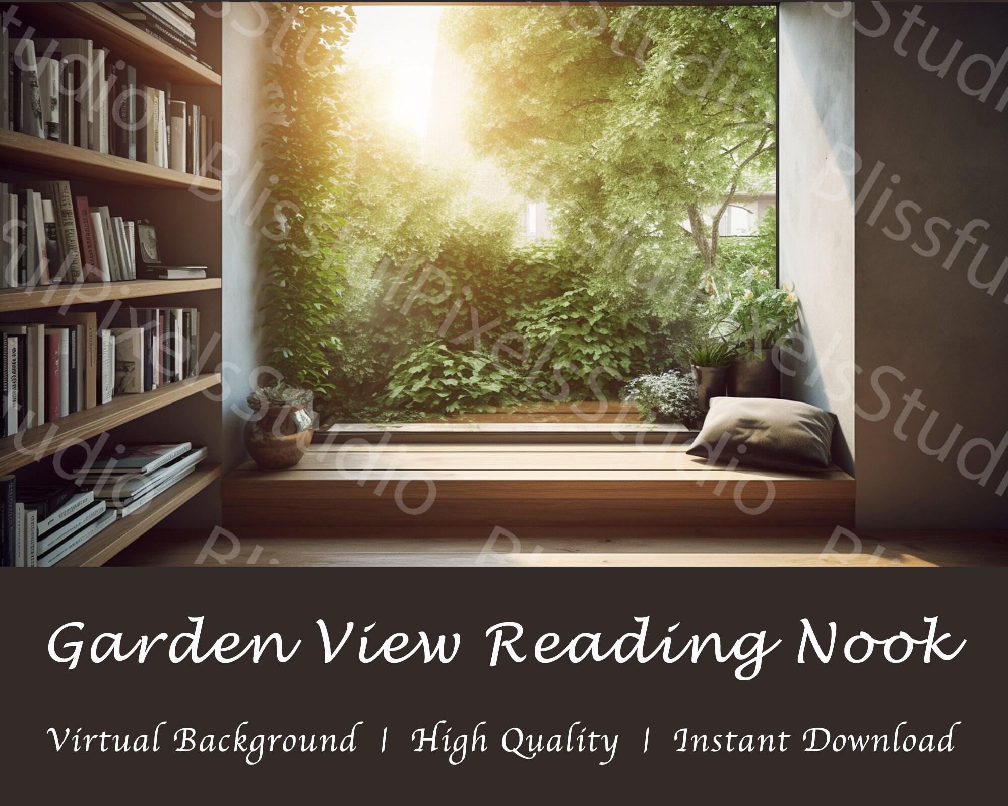 Reading Nook Virtual Background - Garden View, Bookshelf, Window, Trees ...