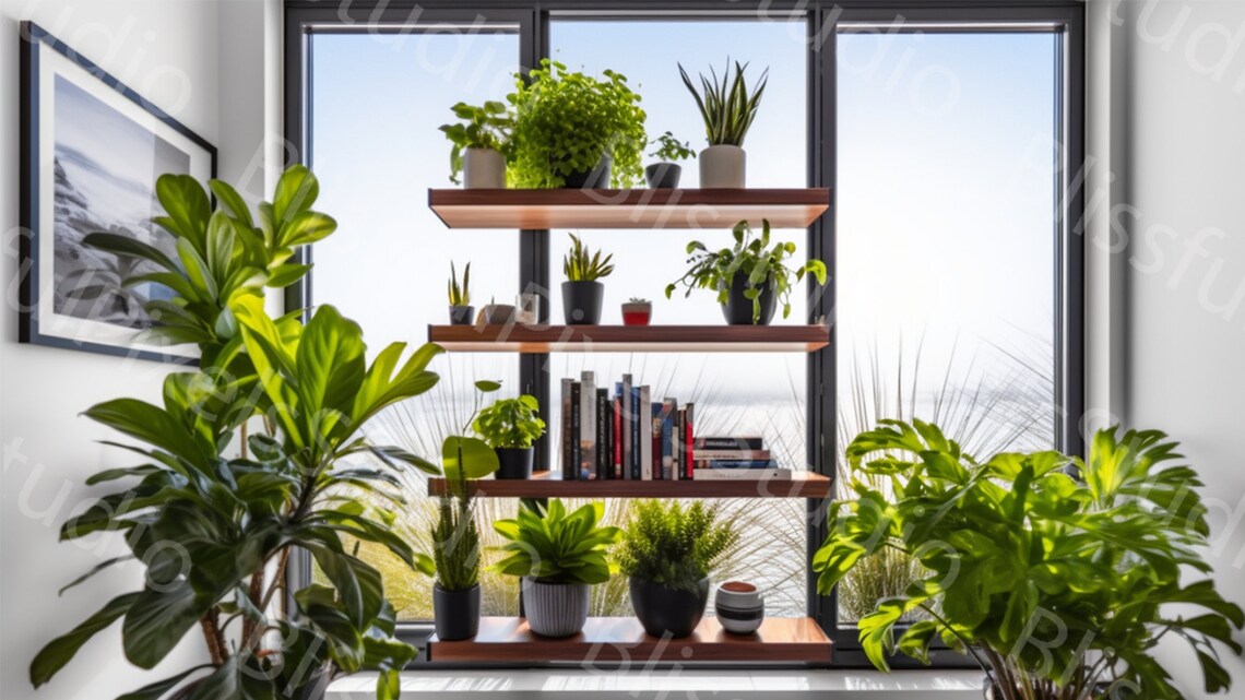 Modern Home Office Virtual Background With Windows, Bookshelf, Plants ...