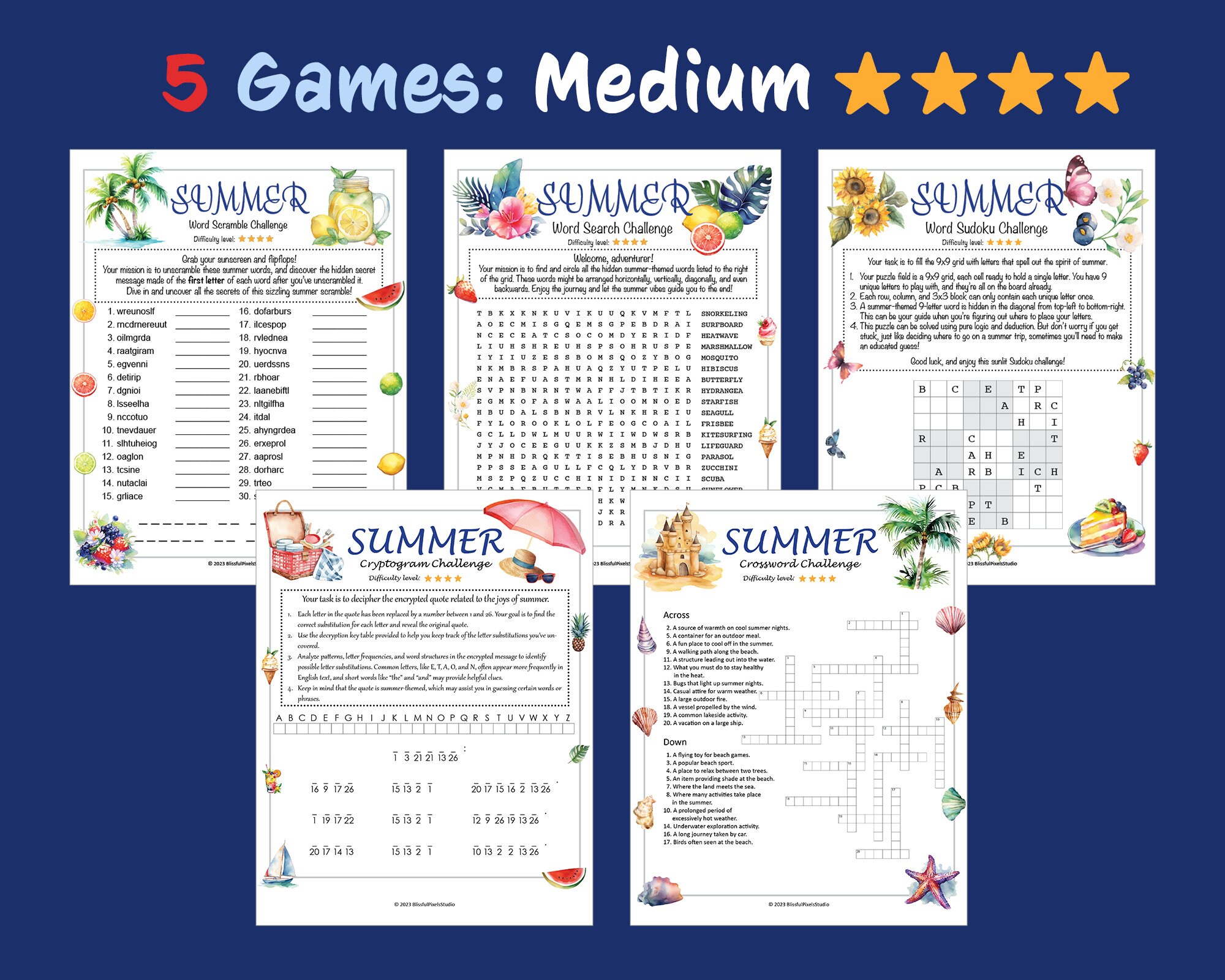 Summer Word Games Bundle 15 Printable Games: Cryptogram, Crossword ...