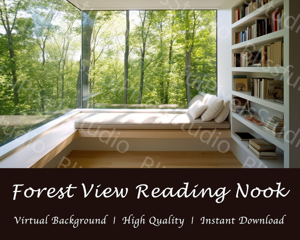 Reading Nook Virtual Background - Peaceful Forest, Bookshelf, Window ...