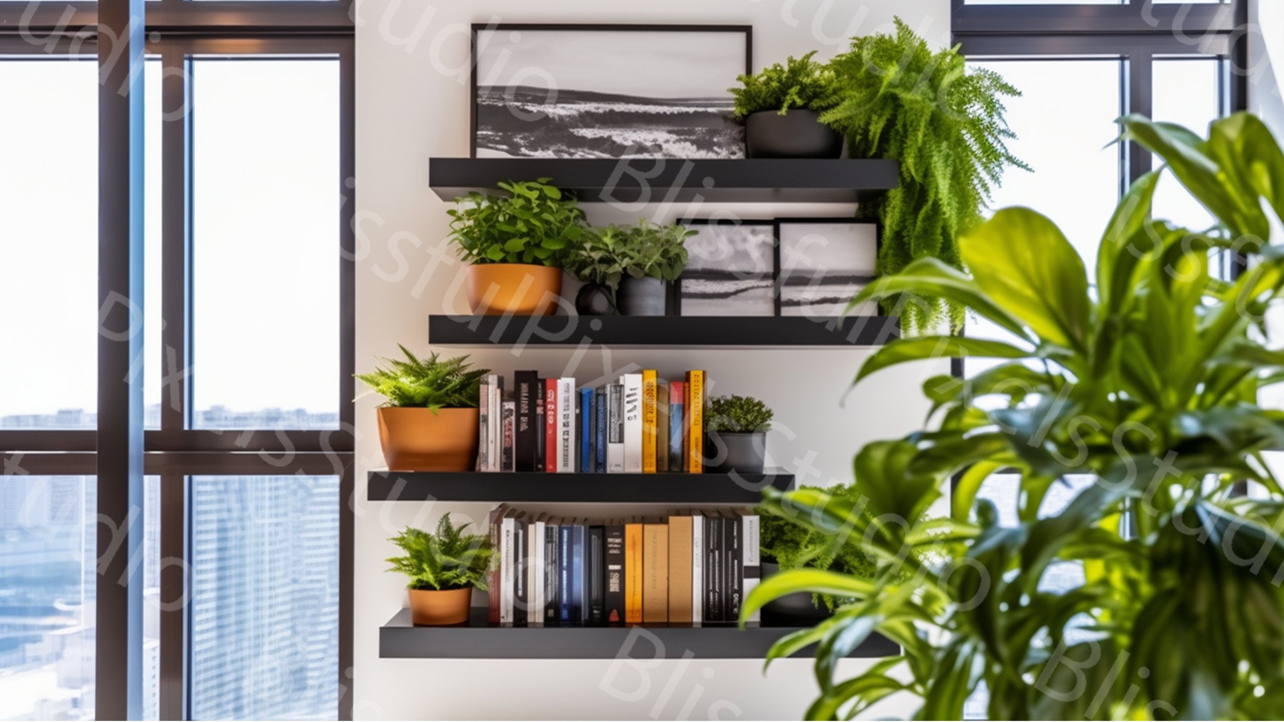 Modern Home Office Virtual Background With Windows, Bookshelf, Plants ...