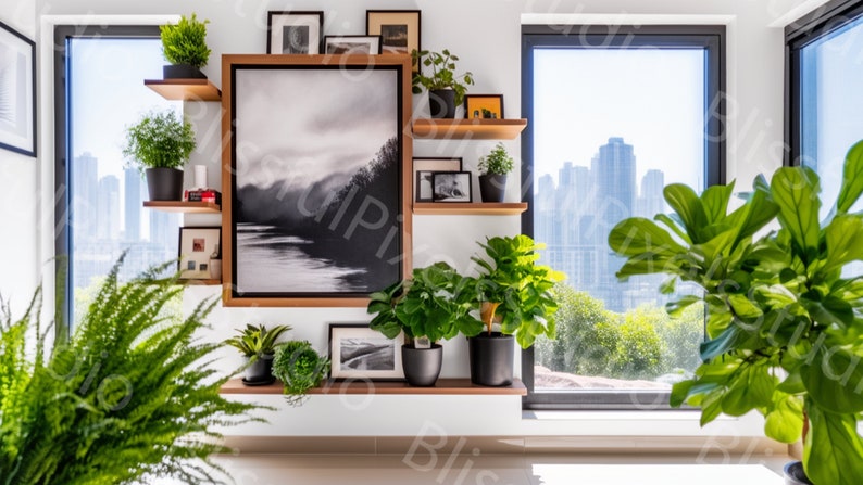 Modern Home Office Virtual Background With Windows, Bookshelf, Wallart ...