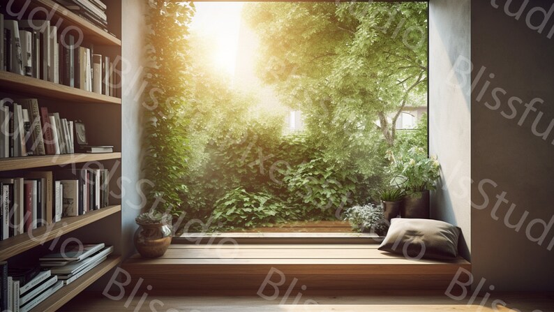 Reading Nook Virtual Background - Garden View, Bookshelf, Window, Trees ...