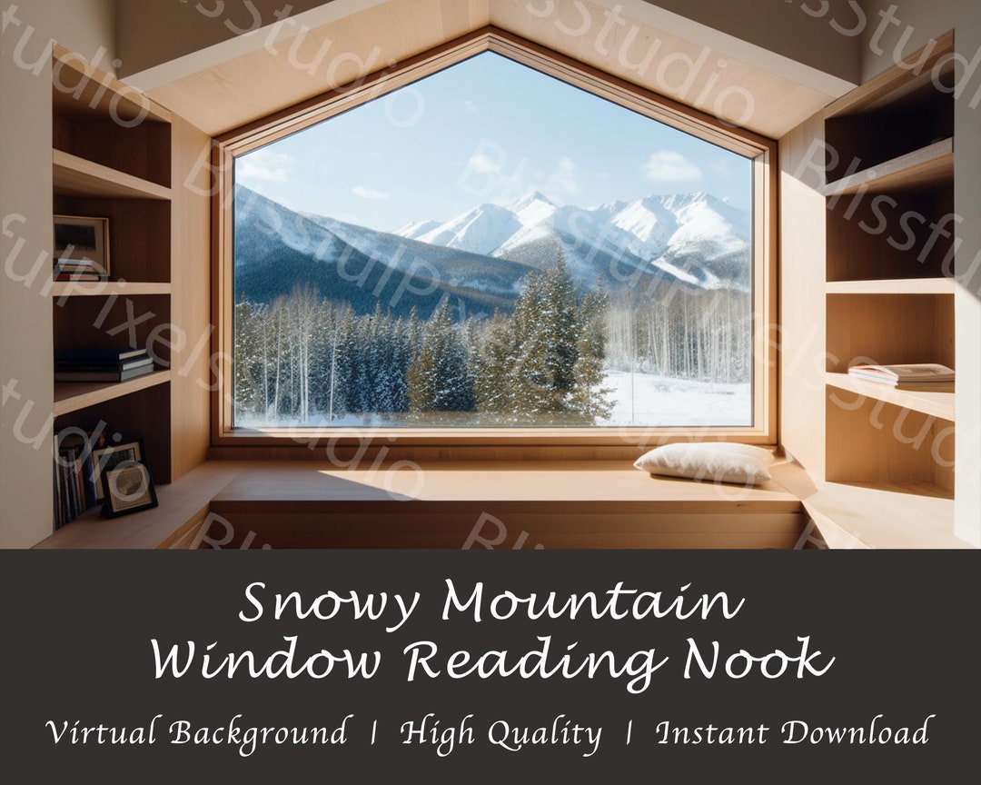 Reading Nook Virtual Background - Snowy Mountains, Bookshelf, Window - Etsy