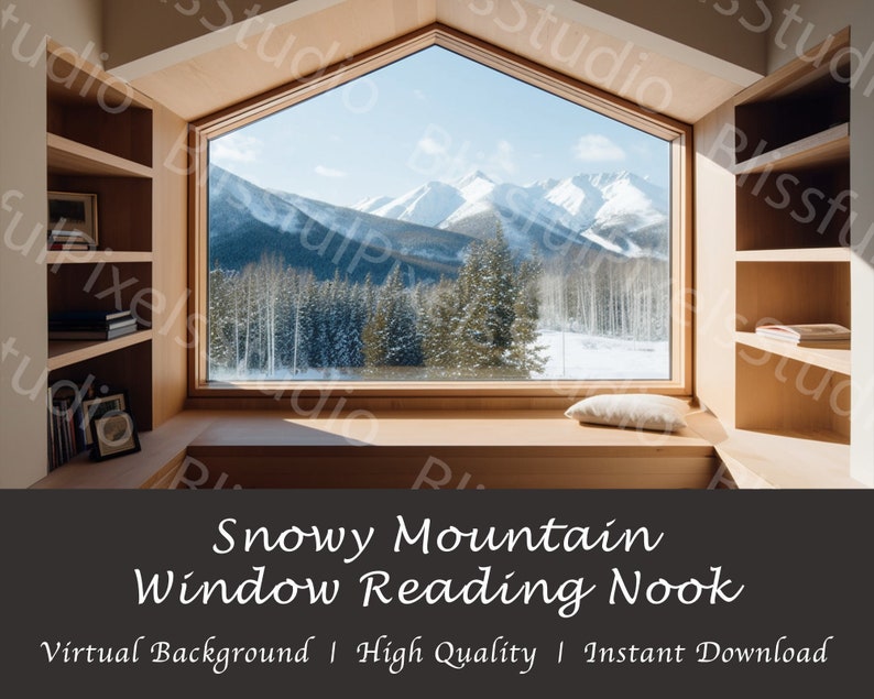 Reading Nook Virtual Background - Snowy Mountains, Bookshelf, Window - Etsy
