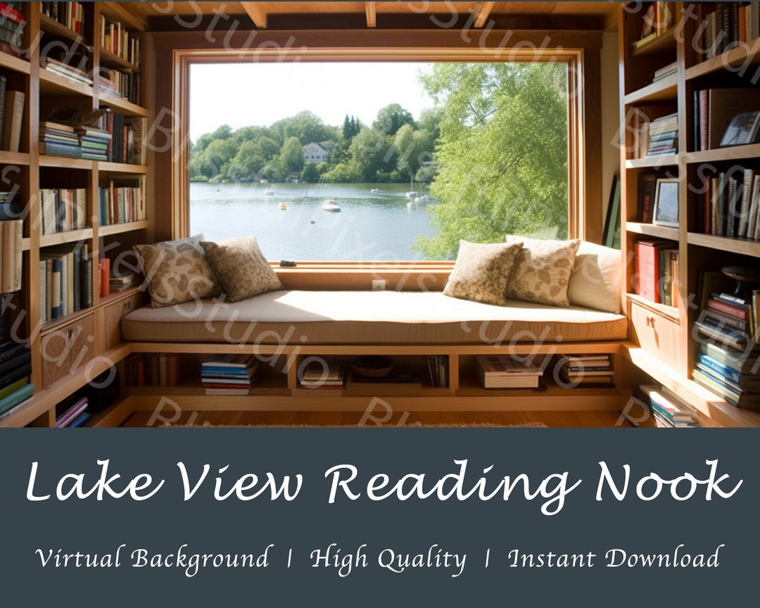 Reading Nook Virtual Background - Lake View, Bookshelf, Window, Trees ...