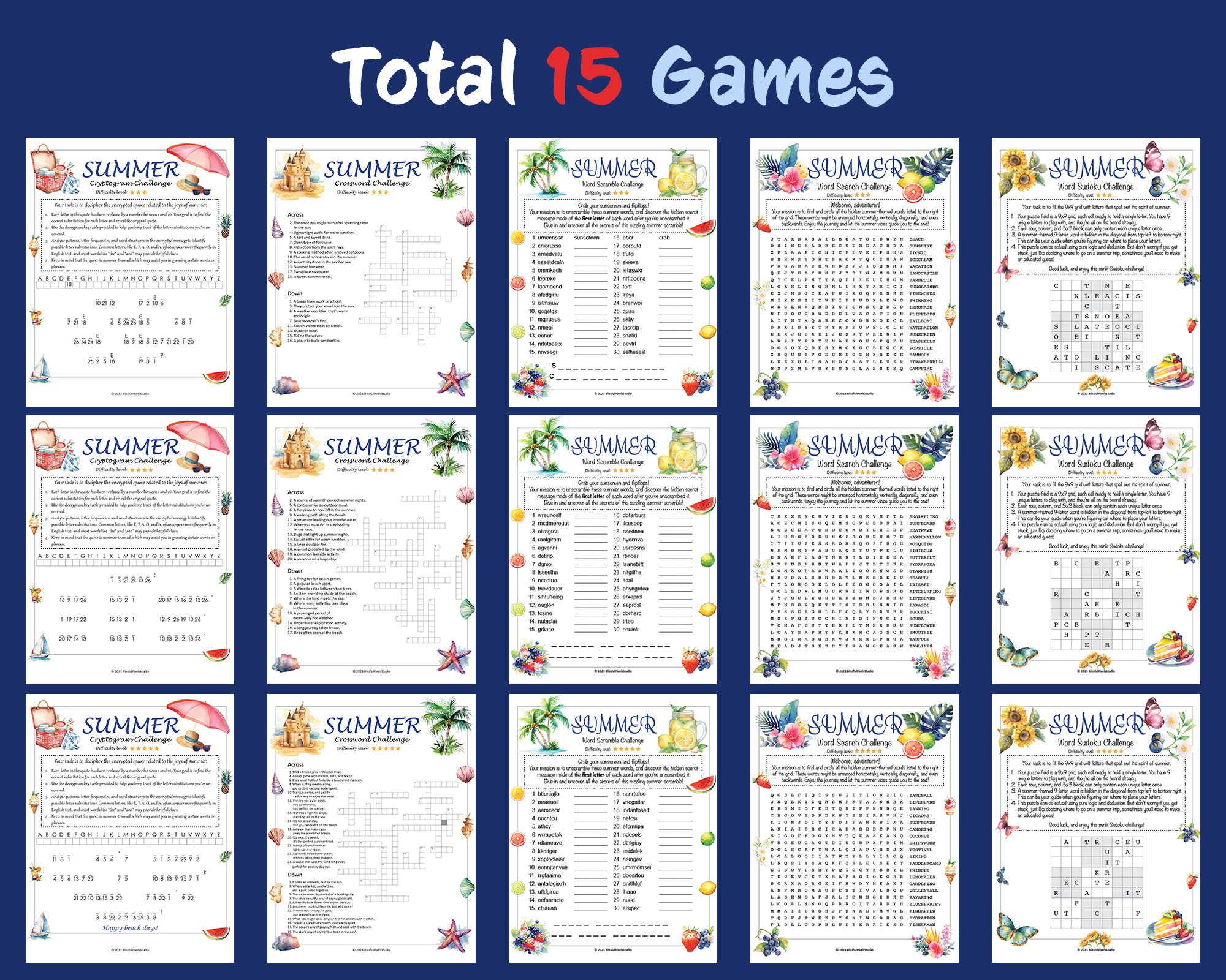 Summer Word Games Bundle 15 Printable Games: Cryptogram, Crossword ...