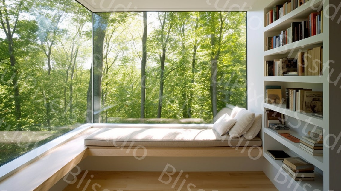 Reading Nook Virtual Background - Peaceful Forest, Bookshelf, Window ...