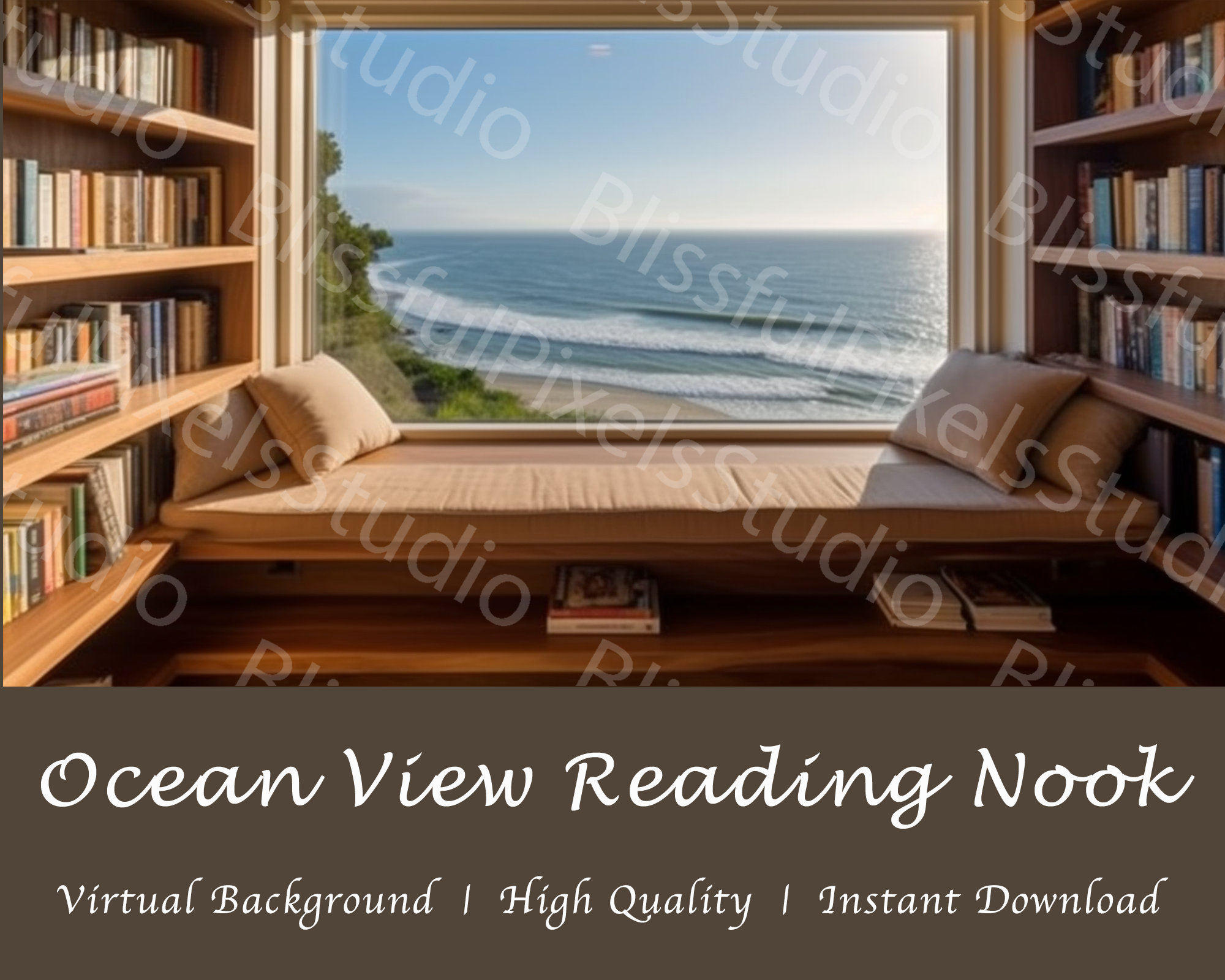 Reading Nook Virtual Background - Ocean View, Bookshelf, Window - Etsy