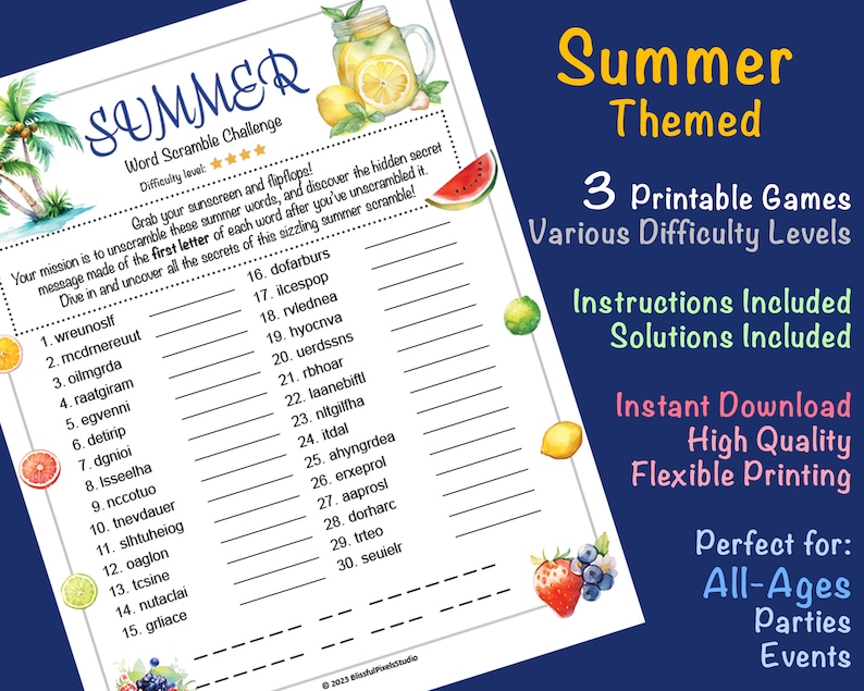 Summer Word Scramble Puzzle Pack - 3 Printable Games: Easy, Medium ...