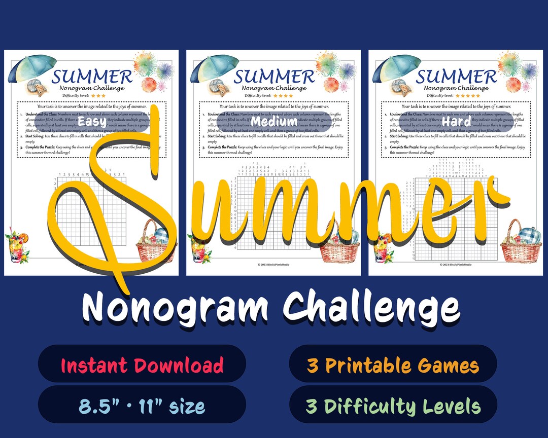 Summer Nonogram Puzzle Pack - 3 Printable Logic Games | Picross ...