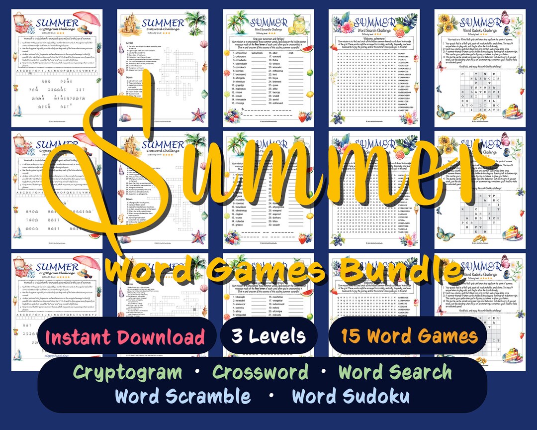 Summer Word Games Bundle - 15 Printable Games: Cryptogram, Crossword ...
