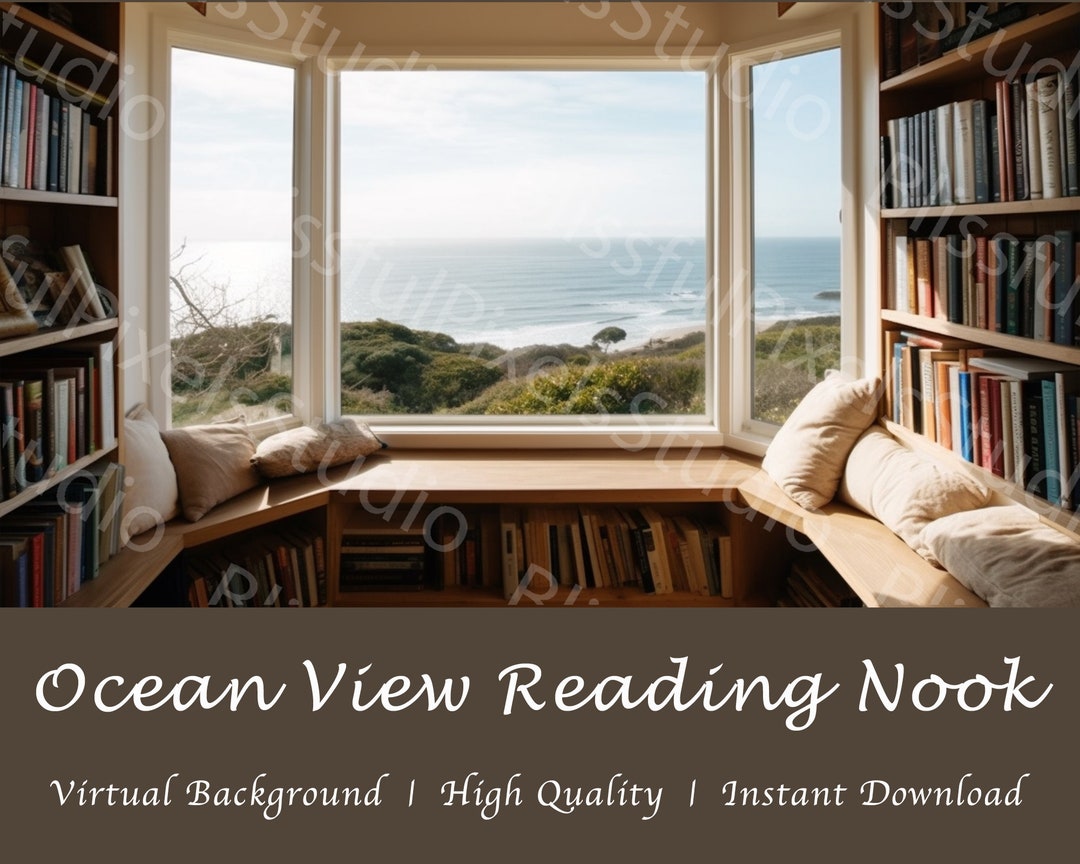 Reading Nook Virtual Background - Ocean View, Beach, Bookshelf, Bay ...