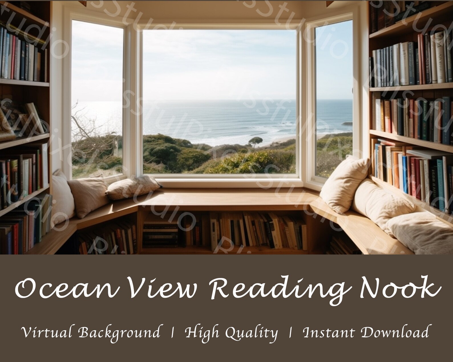 Reading Nook Virtual Background - Ocean View, Beach, Bookshelf, Bay ...