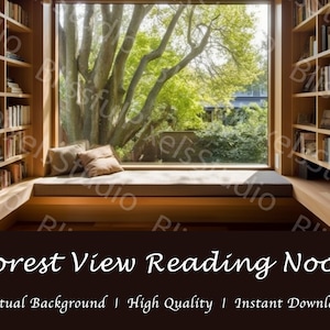 Reading Nook Virtual Background - Peaceful Forest, Bookshelf, Window ...